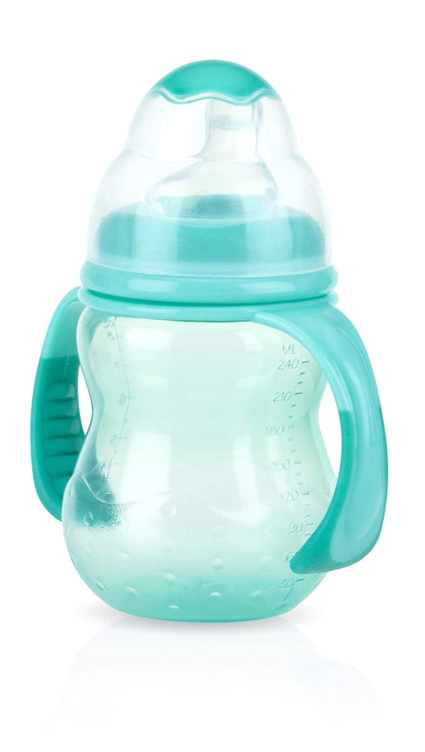Nuby 3-Stage Wide Neck No Spill Bottle with Handles And Non-Drip Juice Spout, 3 Months, 8 Ounce ...
