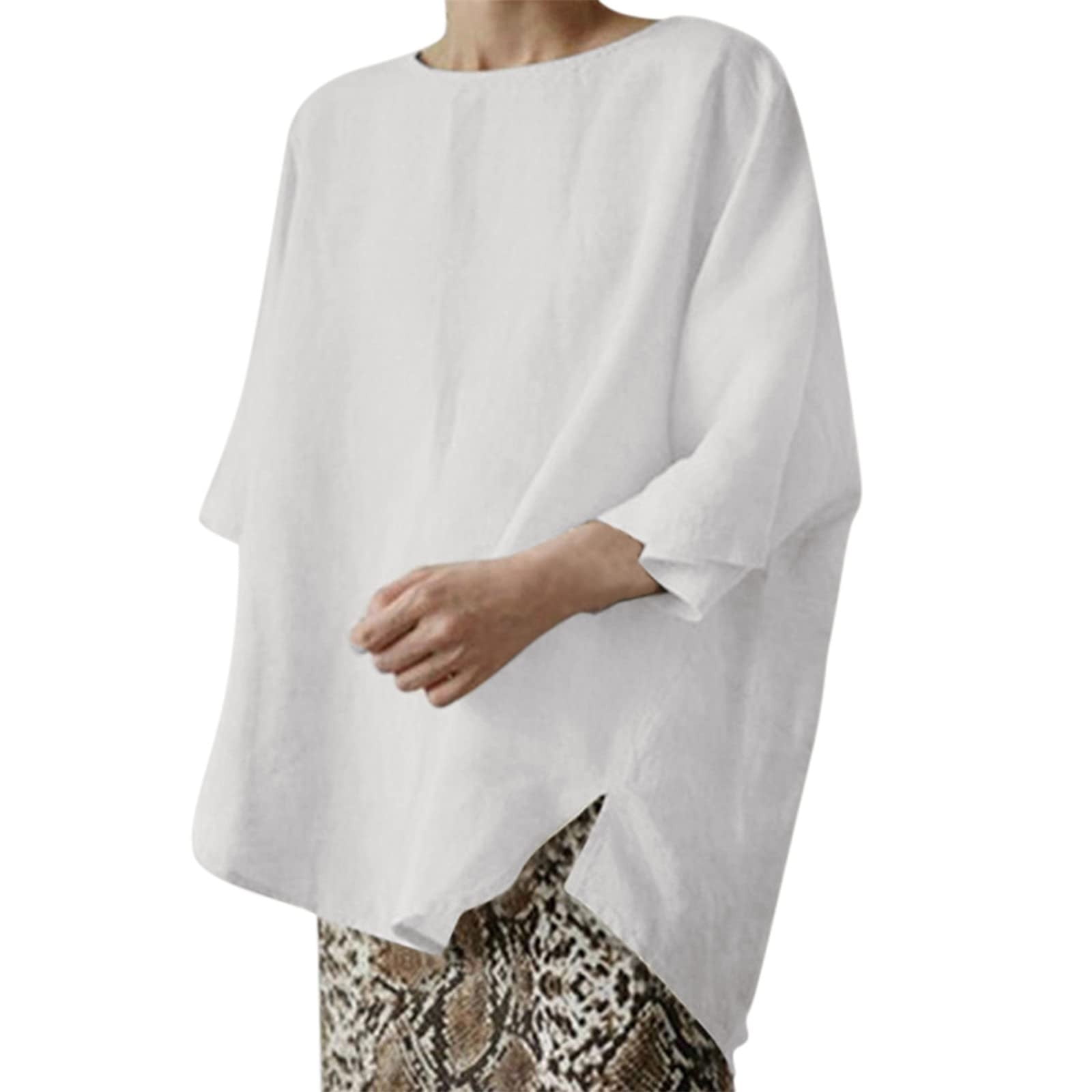 Mchoice Womens Tops Loose Cotton Linen Shirts Round Neck Solid Tunics Casual Short Sleeve ...