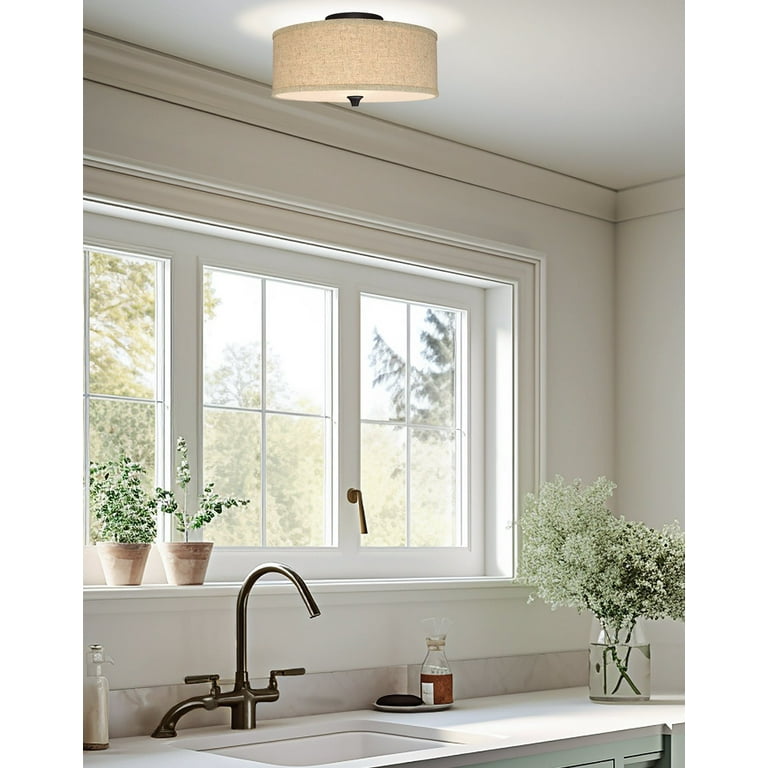 Linen Drum Shade Ceiling Light Beige Linen Drum Pendant Lamp L | Liang