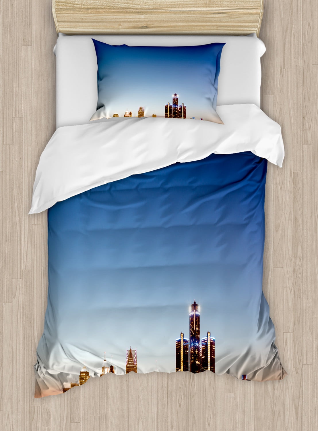 Detroit Duvet Cover Set Twin Size, Michigan Skyline at Twilight ...
