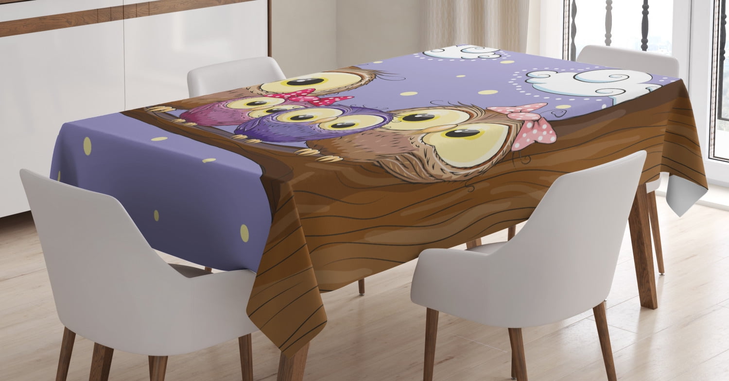 Kids Decor Tablecloth, Cartoon Style Owl Family Mother Father Daughter ...