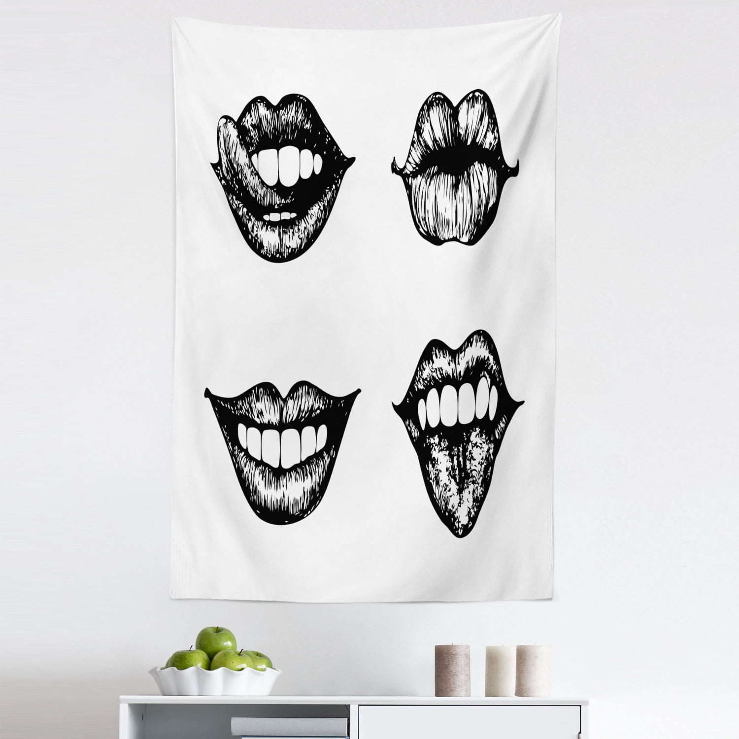 Kiss Tapestry, Monochromatic Woman Lips in Various Poses, Fabric Wall ...