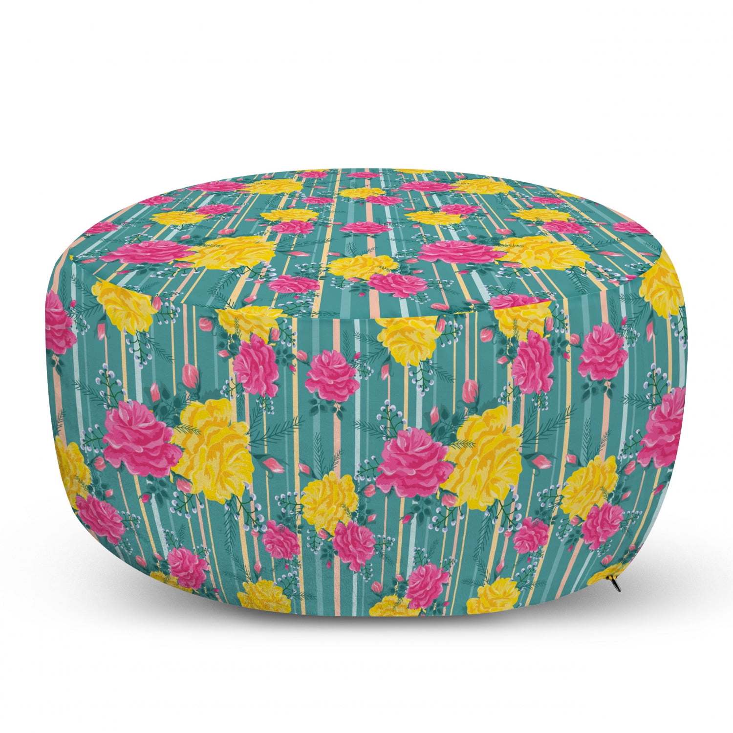 Flower Pouf Cover with Zipper, Retro Repetitive Pattern with Pink and ...