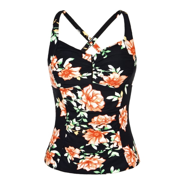 Hilor Women's Tankini Tops Shirred Tummy Control Swimsuits Cross Back ...