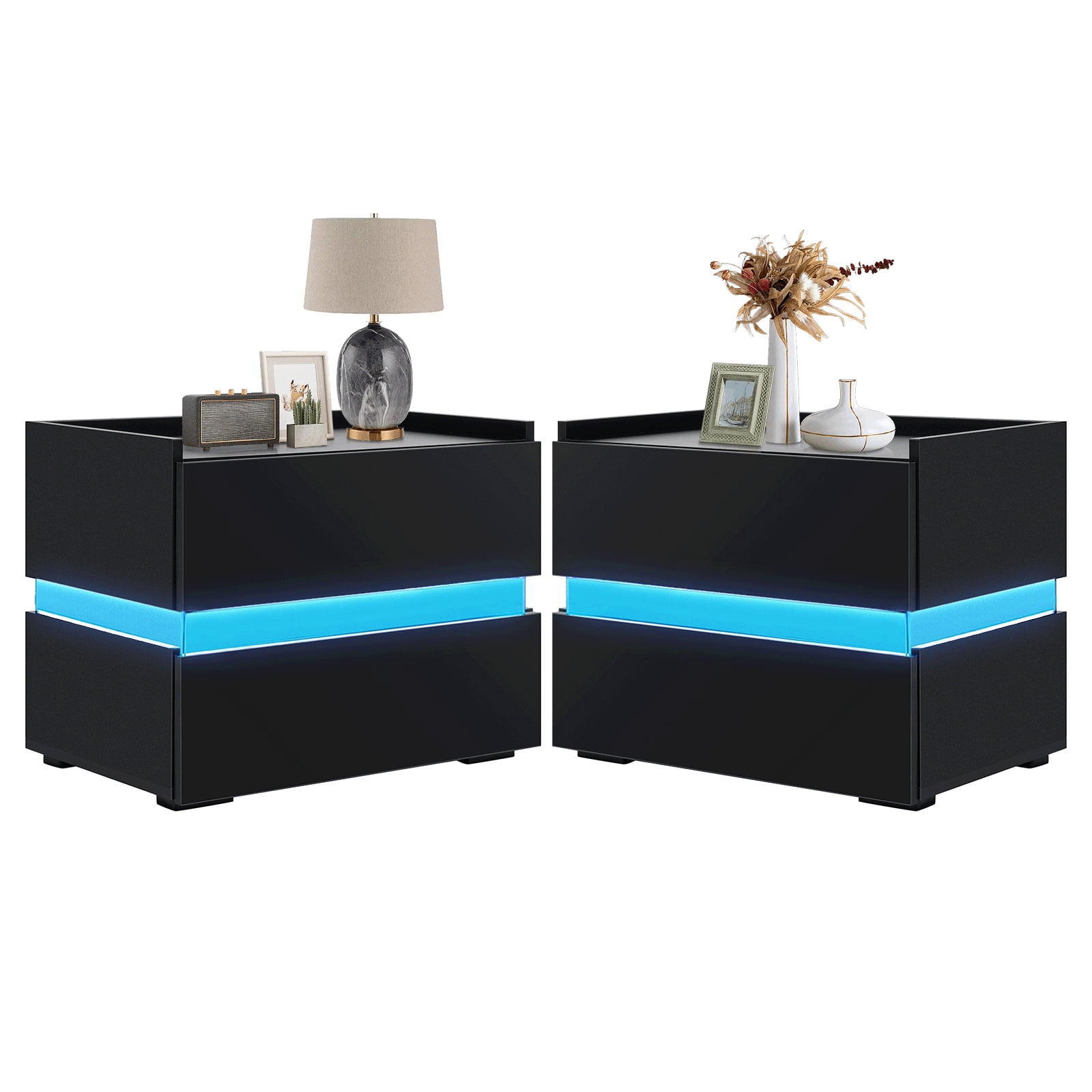 Hommpa Modern LED Nightstand Set of 2 High Gloss Led Bedside Table ...