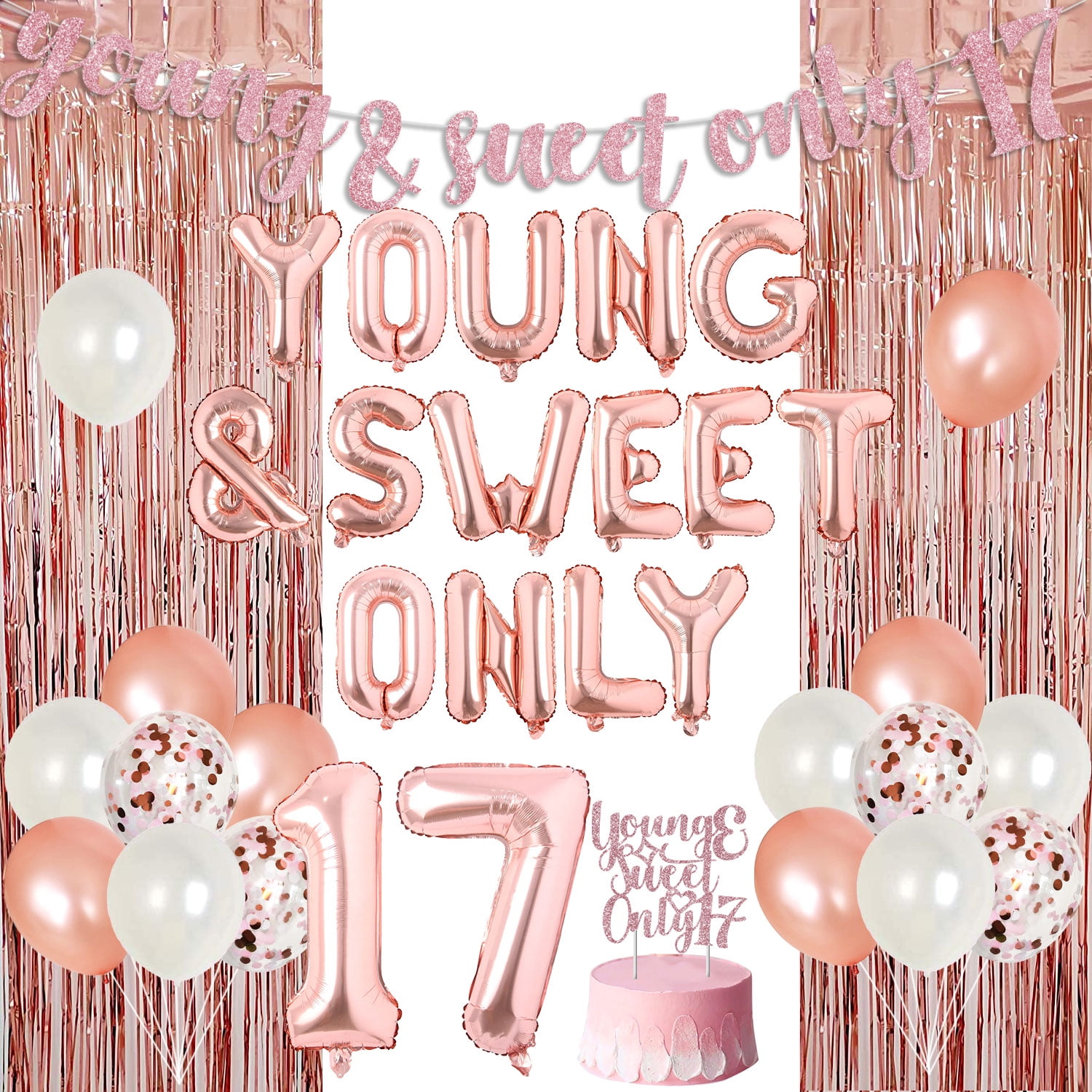 Rose Gold 17th Birthday Decorations for Girls: Young & Sweet Banner ...