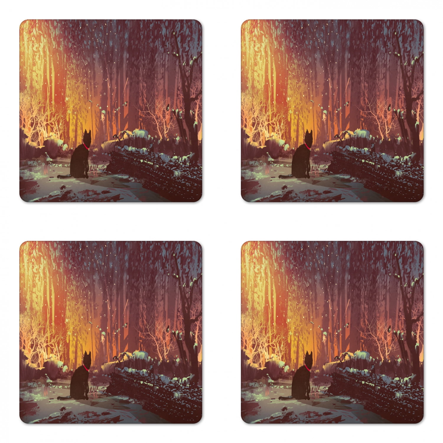 Fantasy Coaster Set of 4, Surreal Lost Black Cat Deep Dark in Forest ...