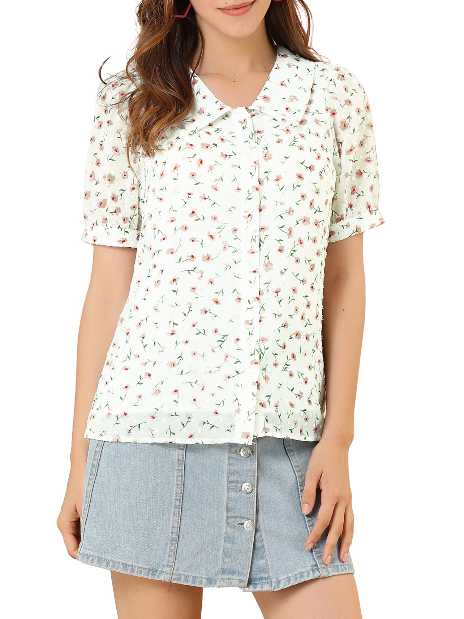 Allegra K Women's Floral Button Down Collar Sweet Puff Sleeve Blouse ...