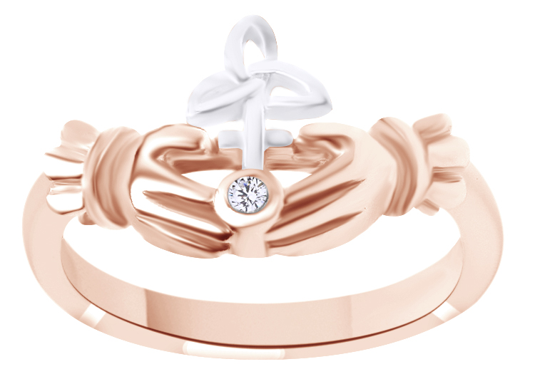 White Natural Diamond Two-Tone Trinity Claddagh Hands Celtic Ring In ...