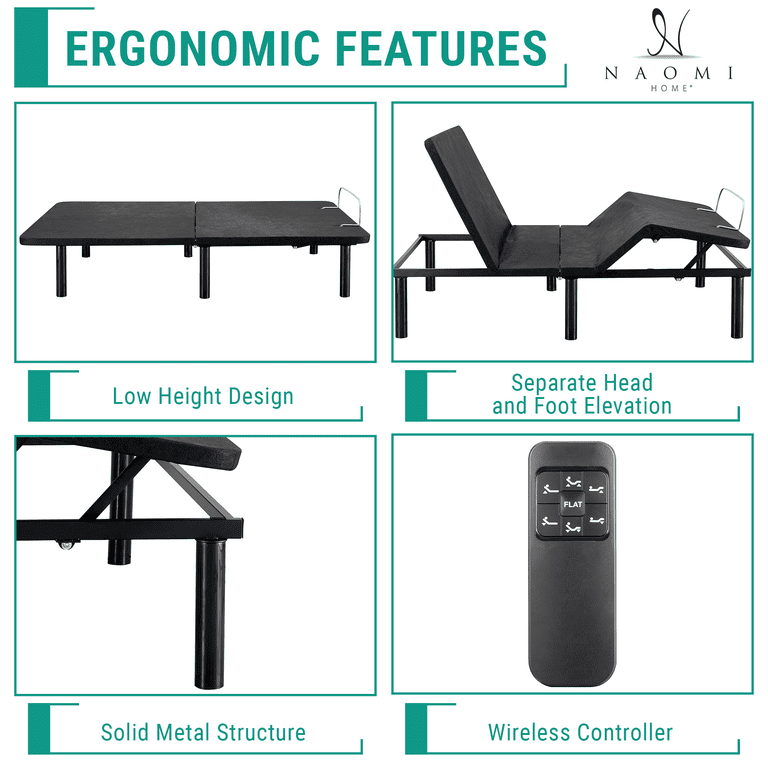 Serenity 15 inch Adjustable Bed Frame with Head Foot Incline Height Adjustable Bed Base Naomi Home Black Queen