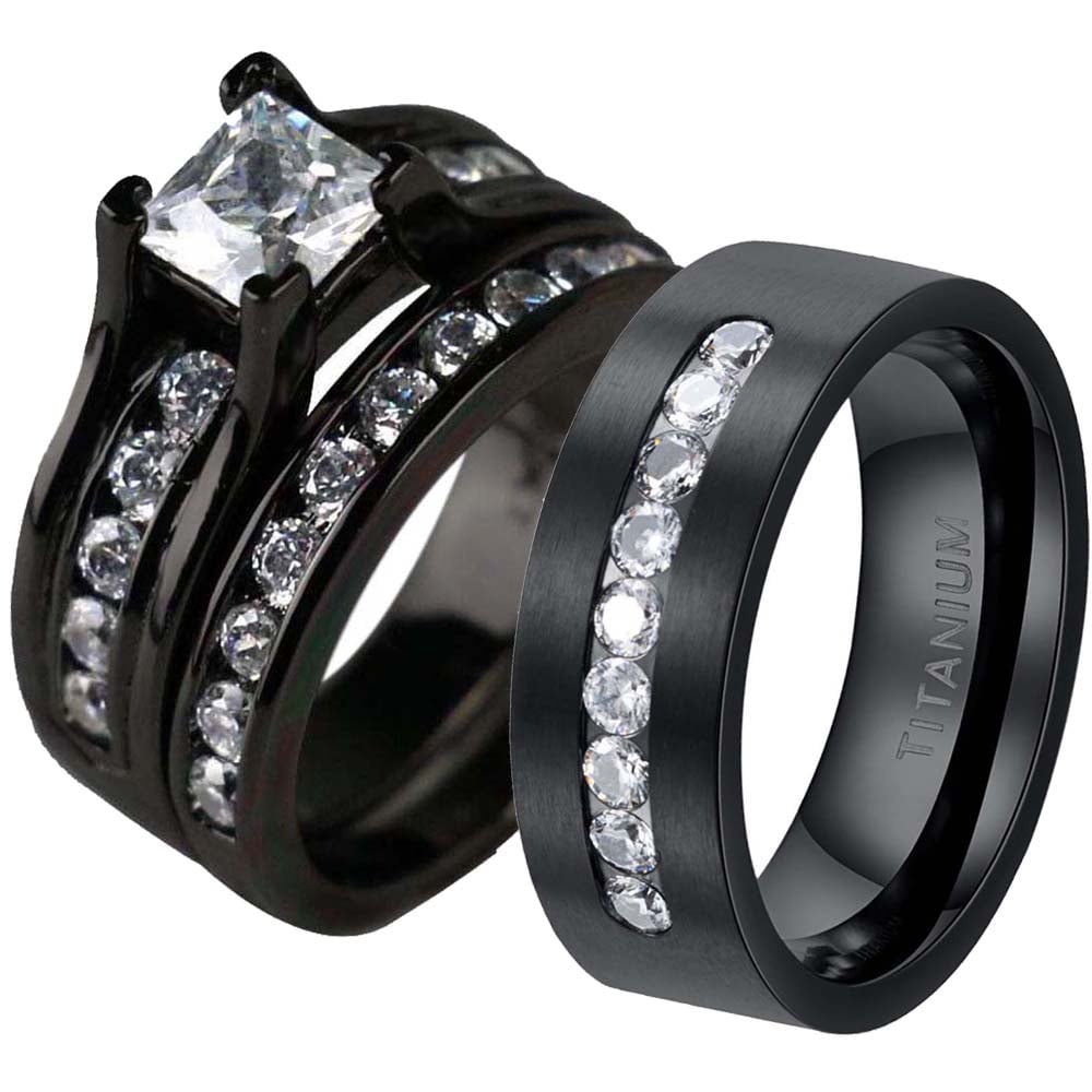 Black Matching Rings His Her Rings Couple Rings 1CT CZ Women Wedding ...