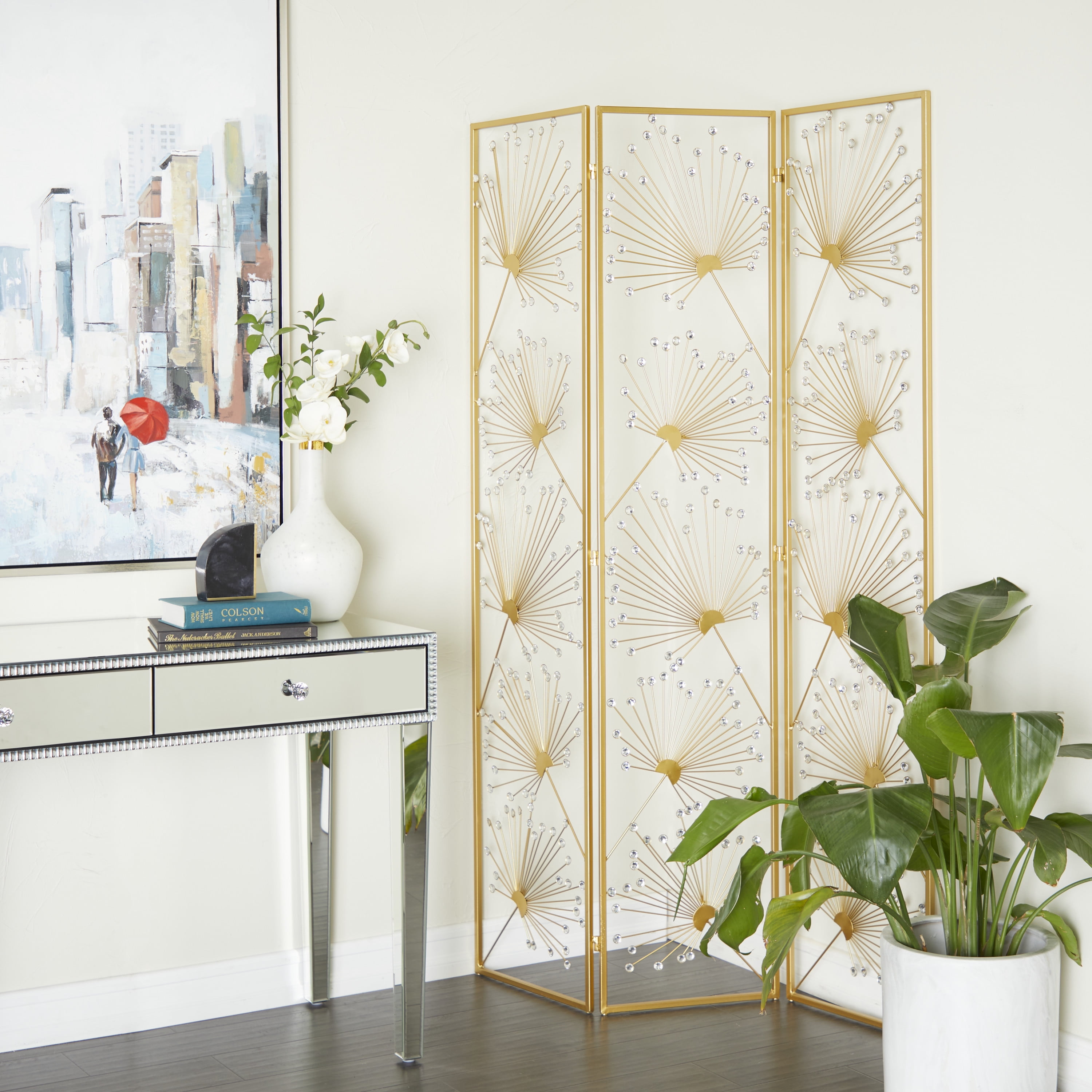 DecMode 46" x 71" Gold Metal Floral Hinged Foldable Partition 3 Panel ...