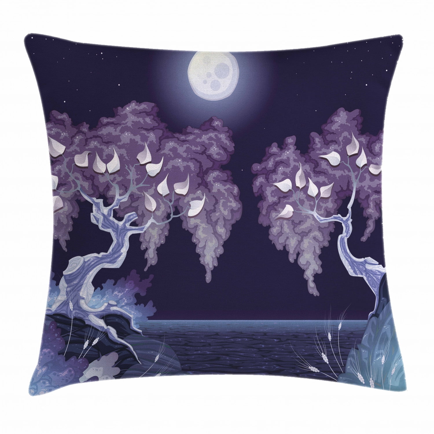 Nature Throw Pillow Cushion Cover, Bright Full Moon by the Lake Magical ...
