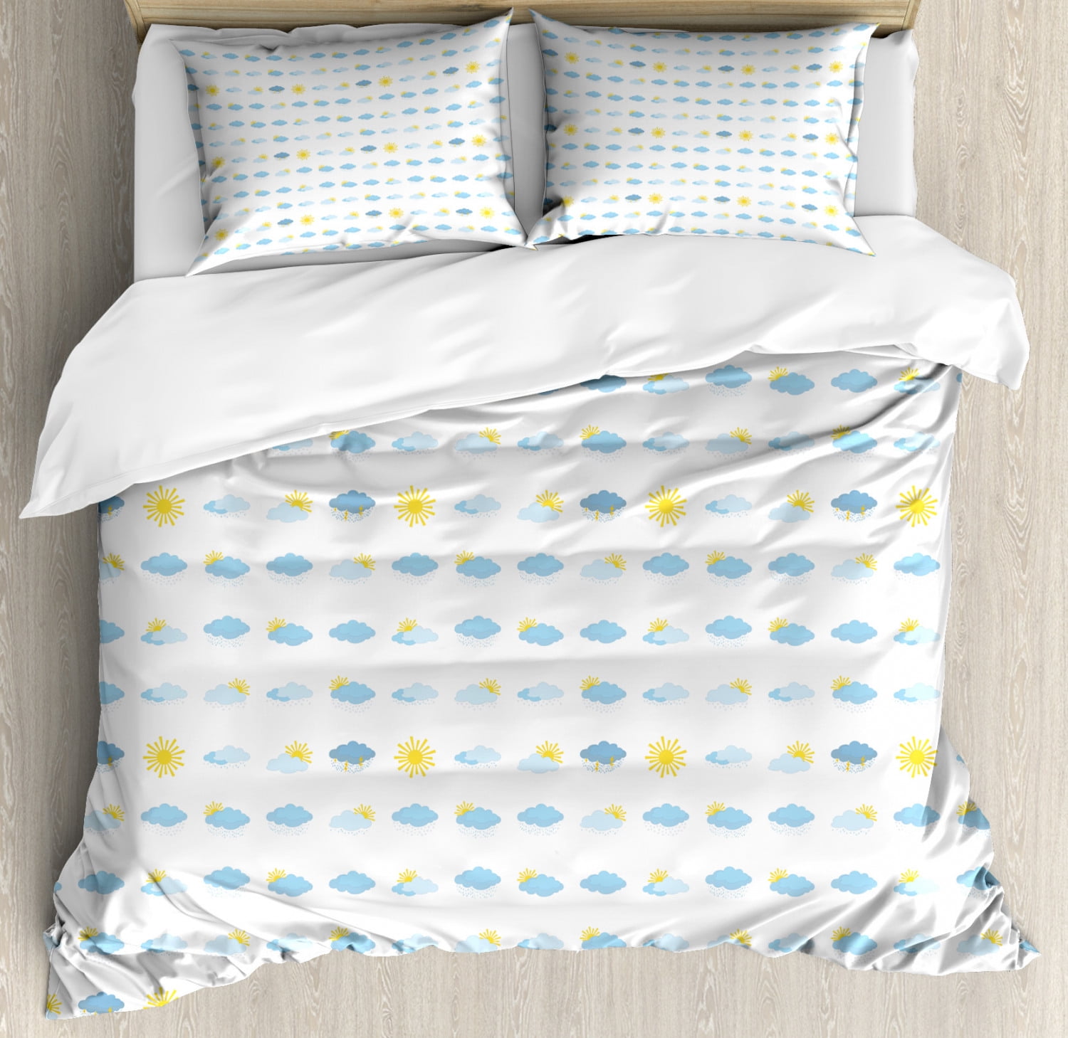 Blue and Yellow Queen Size Duvet Cover Set, Meteorology Icons Clouds ...