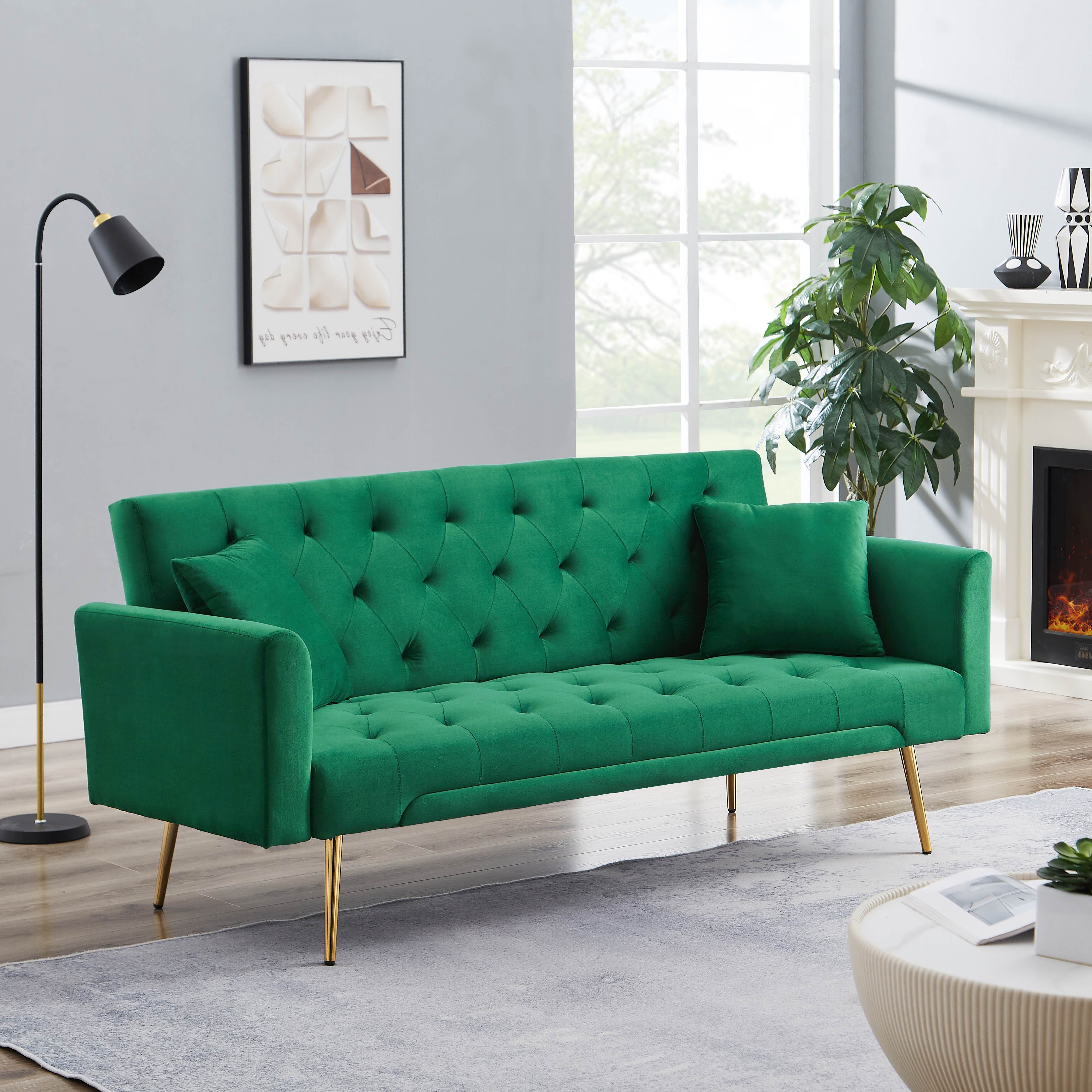 Velvet Futon Sofa Bed with 2 Pillows,Upholstered Convertible Sofa Bed ...