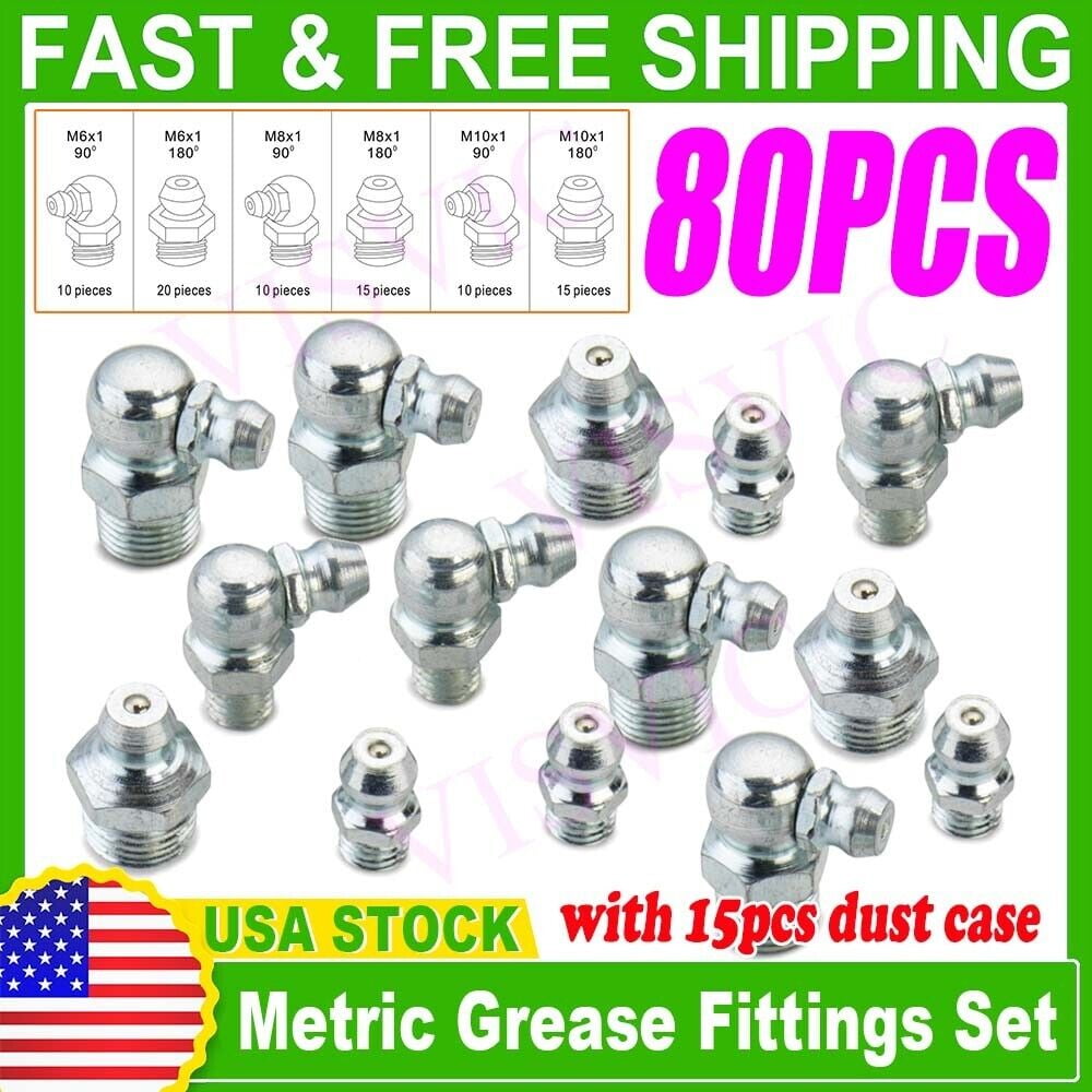 80 Pcs Hydraulic Grease Fitting Assortment Kit Straight Angled Auto ...
