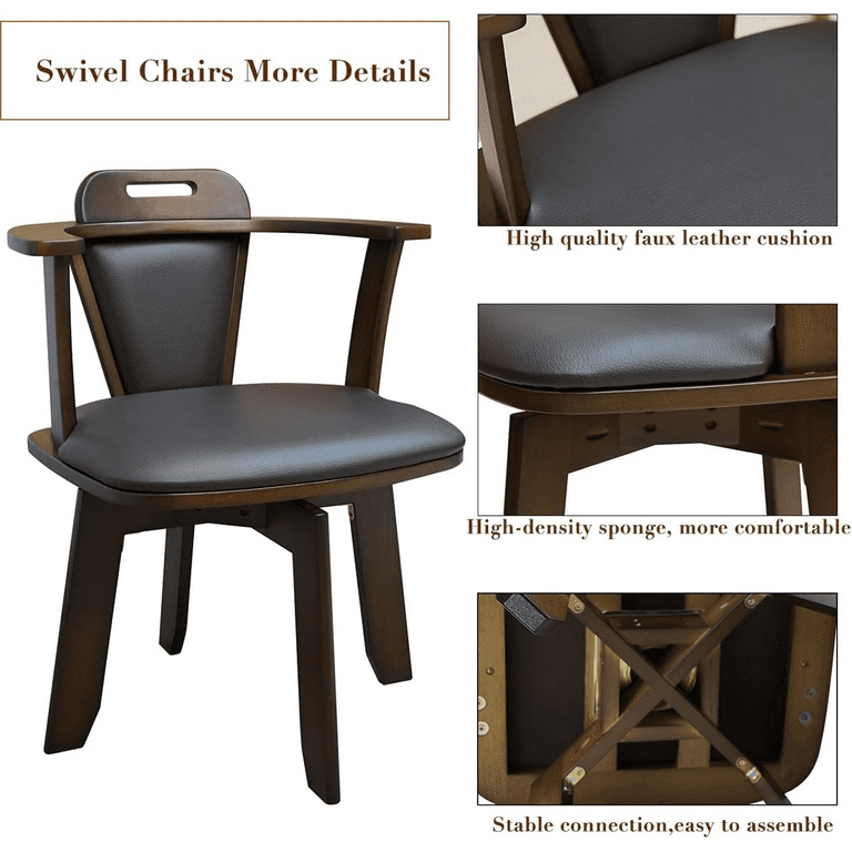 TinyTimes Swivel Solid Wood Dining Chair Conference Office Chair for Rooms and Kitchen Backrest and Armrest Dark Brown