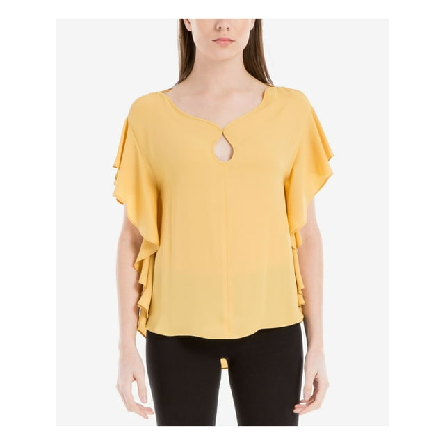 MAX STUDIO Womens Yellow Ruffled Keyhole Short Sleeve Top M - Walmart.com