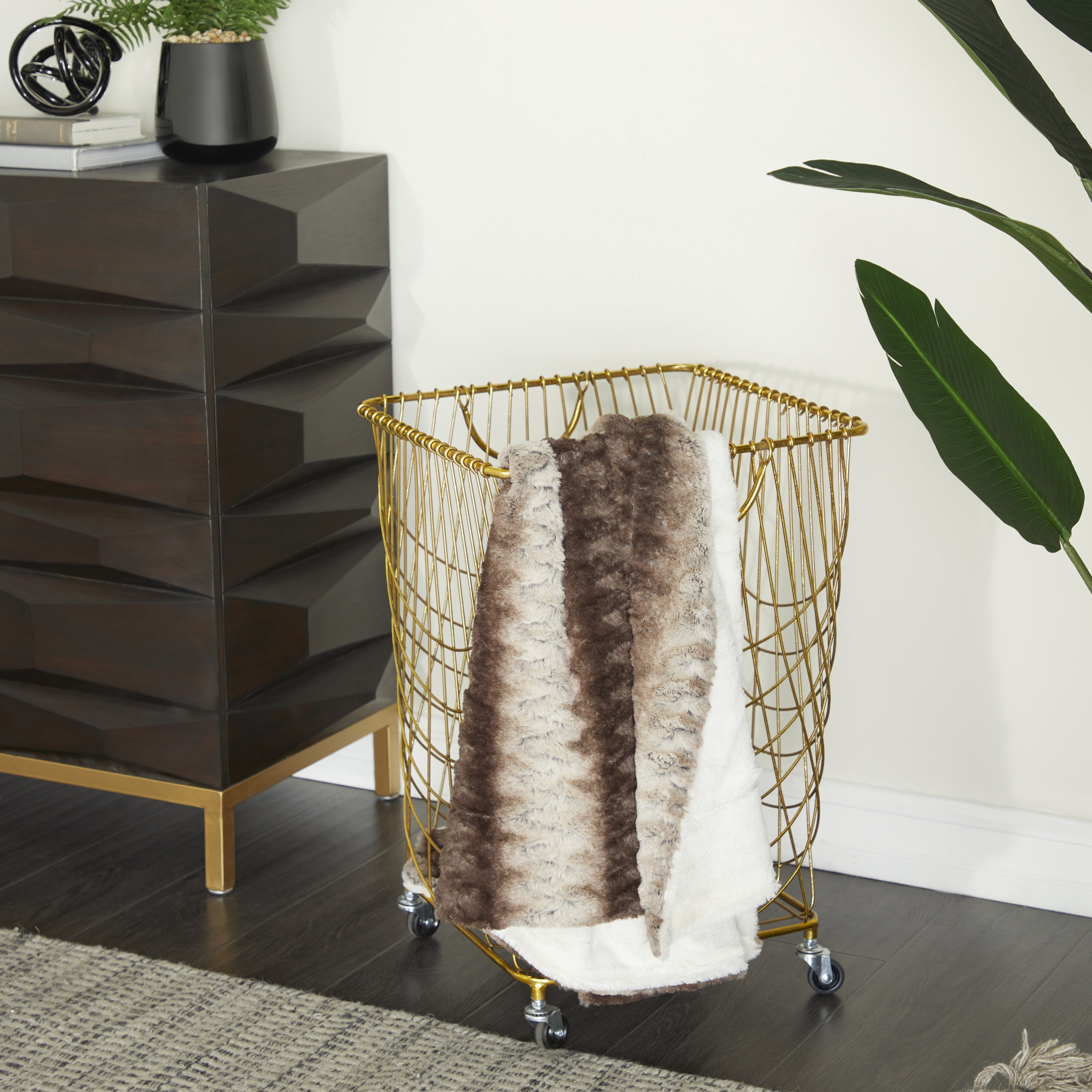 DecMode Gold Metal Deep Set Metal Mesh Laundry Basket Storage Cart with ...