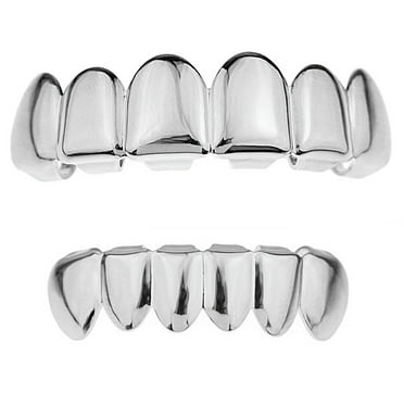Four 4 Open Face Tooth Grillz Silver Tone Lower Row Bottom Teeth Hollow ...