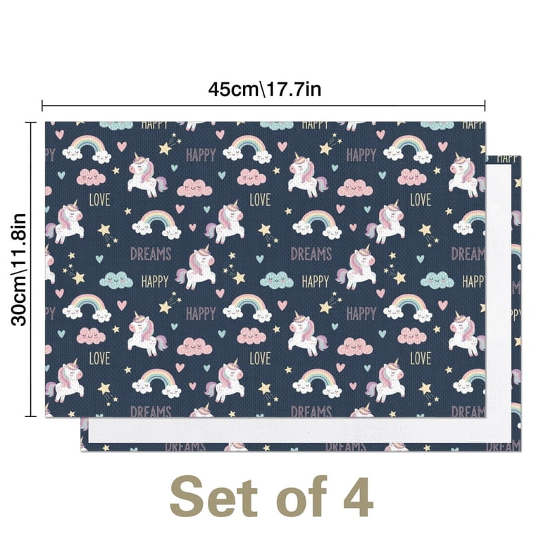 Unicorn and Rainbow Blue Pattern Linen-look Placemats Set Of 4 ...