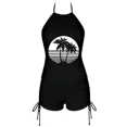 Black Halter Neck Tankini Set With Palm Tree Graphic & Ruched ...