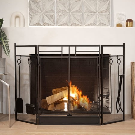 Barton 3-Panel Folding Fireplace Screen W/Magnetic Doors and 4-Pieces ...
