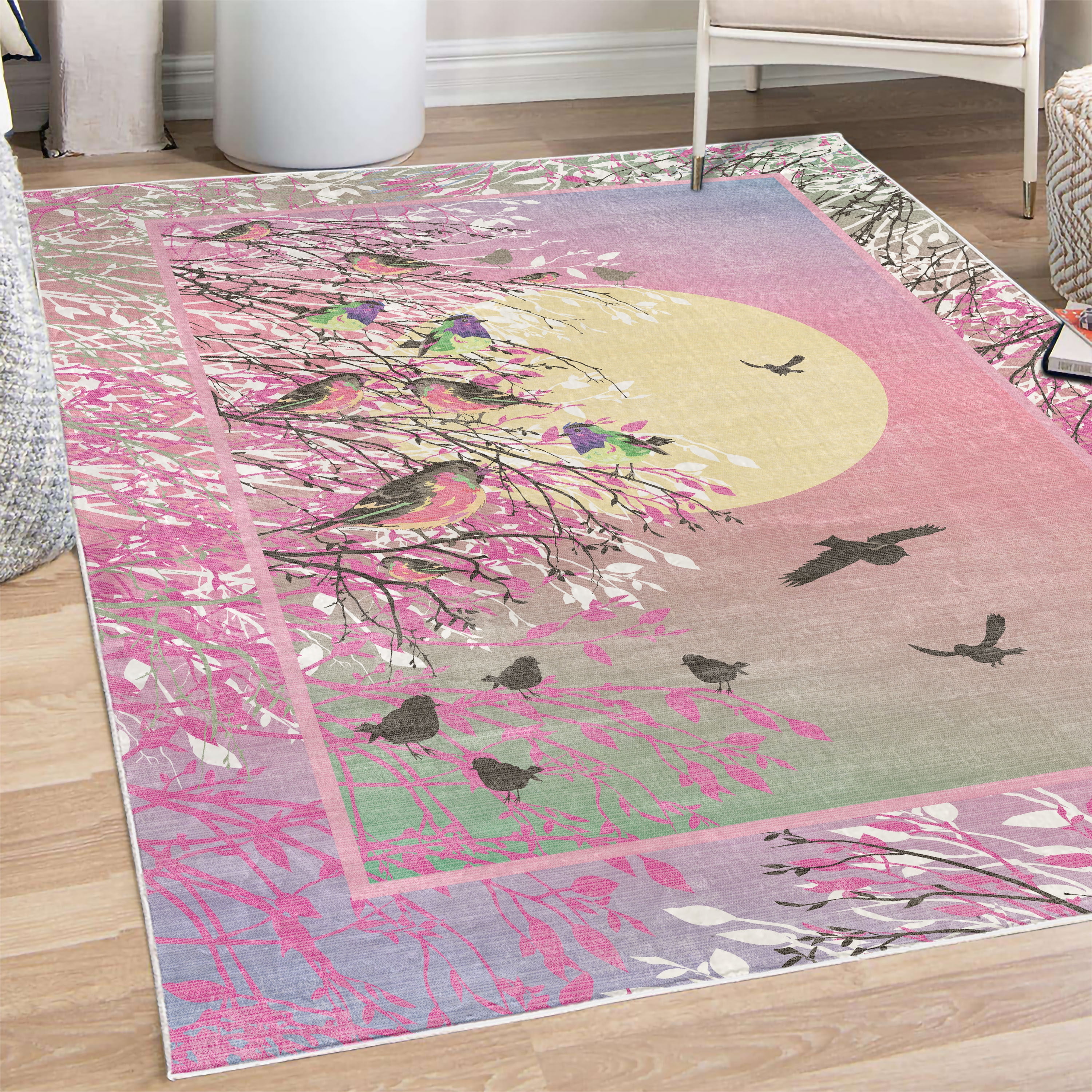 Birds Decorative Rug, Nature Themed Design of Flying Animals on Bare ...