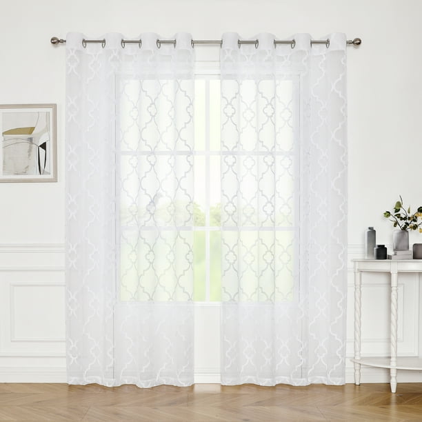 Bazaahm White Sheer Curtains for Bedroom Living Room Lattice Linen ...
