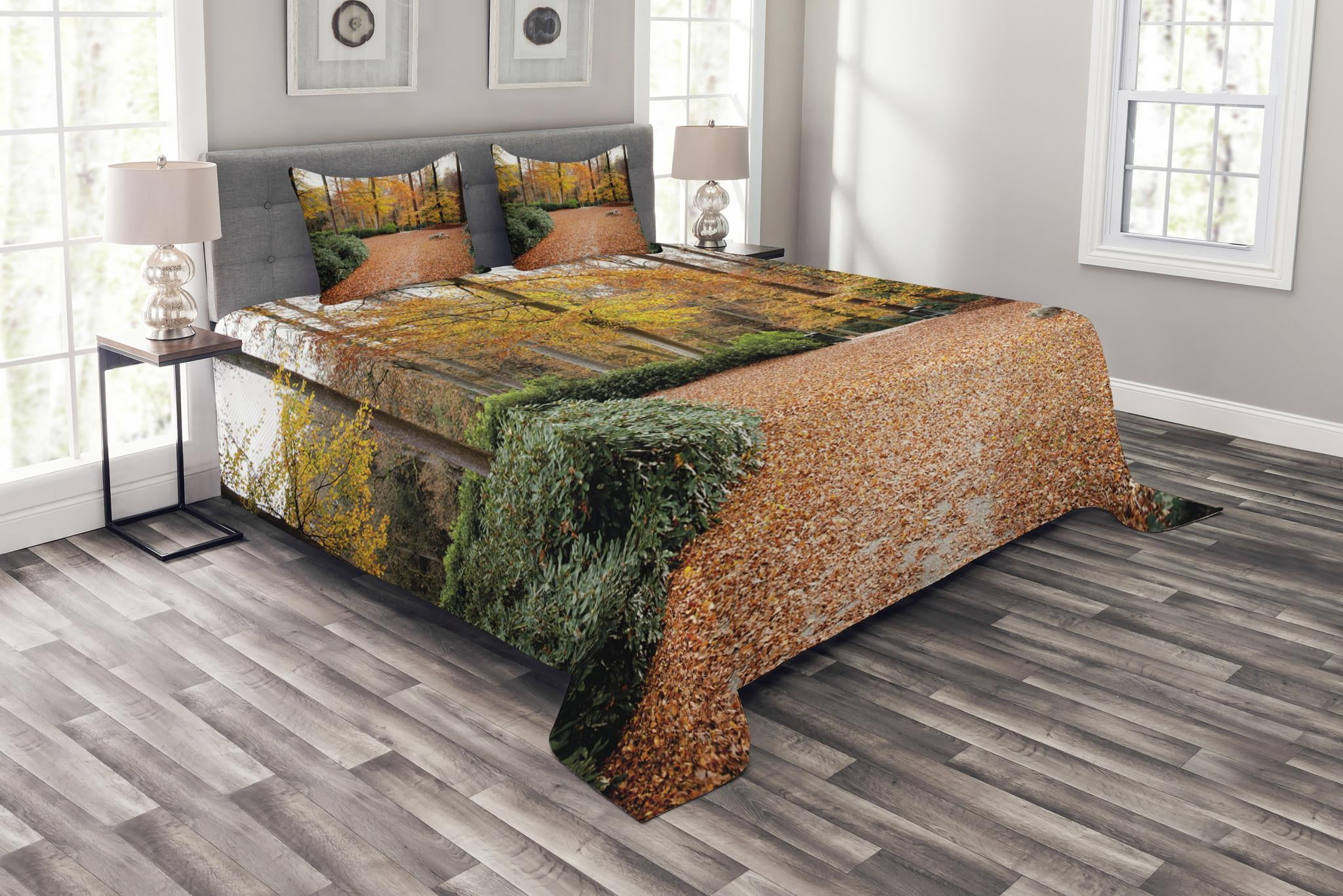 Nature Bedspread Set Queen Size, Autumn Forest with Deciduous Trees ...