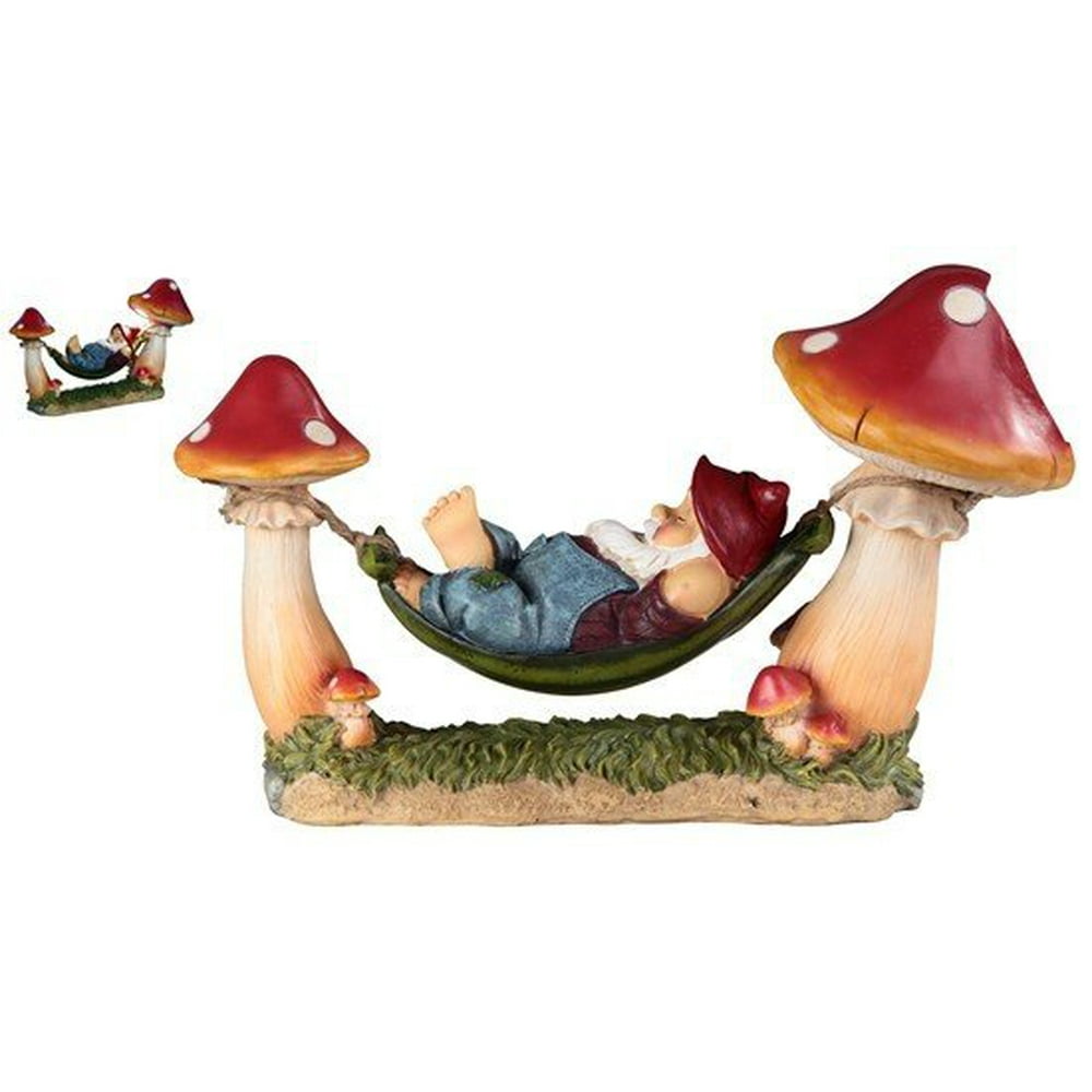 Gnome Sleeping In Hammock Tied To Mushrooms Solar Light Figurine