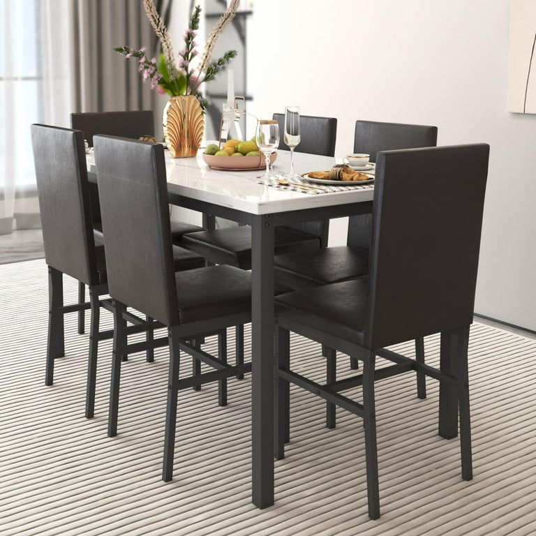 Kitchen Dining Table Set 7 Piece Wood Dine Set 30 Height Dining Table and 6 Chairs Modern Kitchen Table and Chairs Set White Kitchen Sets for