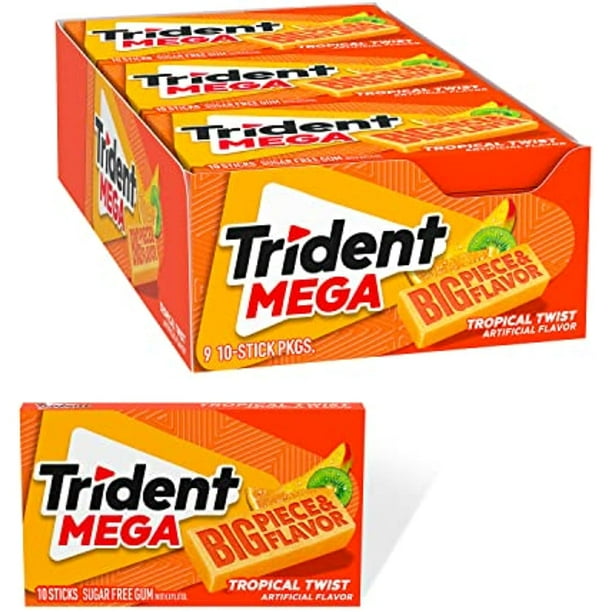 Trident Mega Tropical Twist Sugar Free Gum, 9 Packs Of 10 Pieces (90 ...