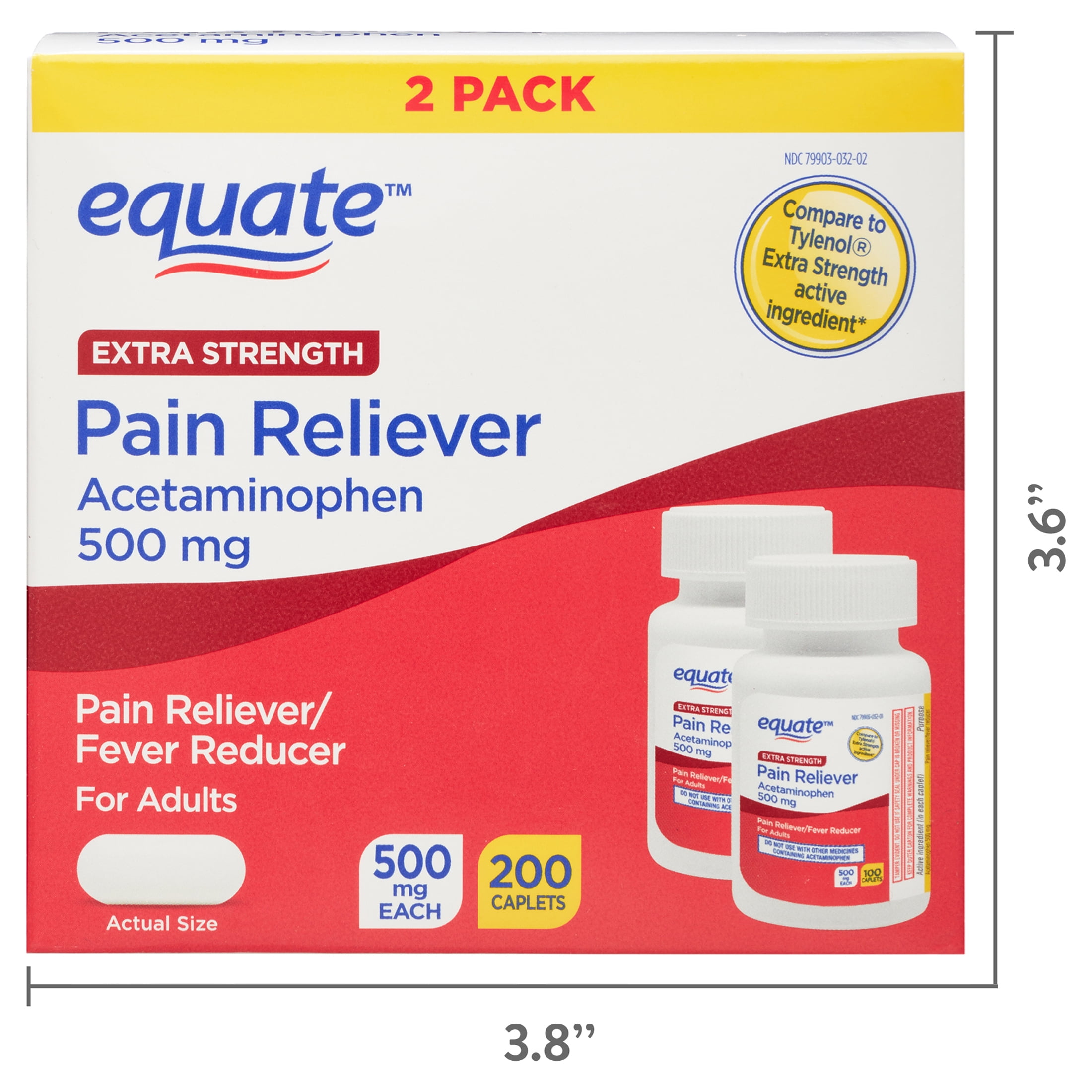 Equate Extra Strength Acetaminophen Pain Reliever Caplets, 500 mg, 200 ...
