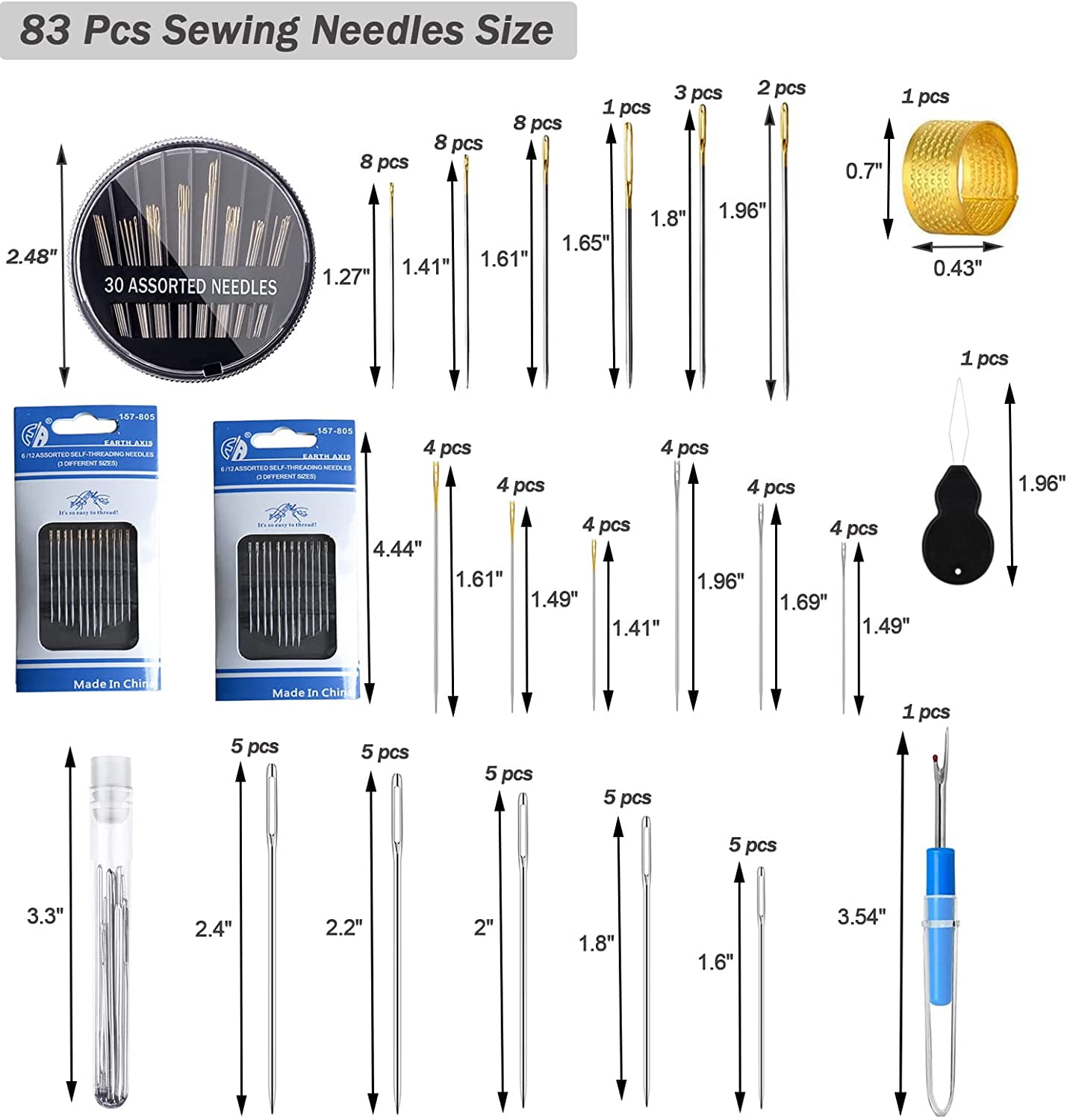 83 Pcs Sewing Needles, 3 Styles 14 Size Assorted Needles for Sewing ...