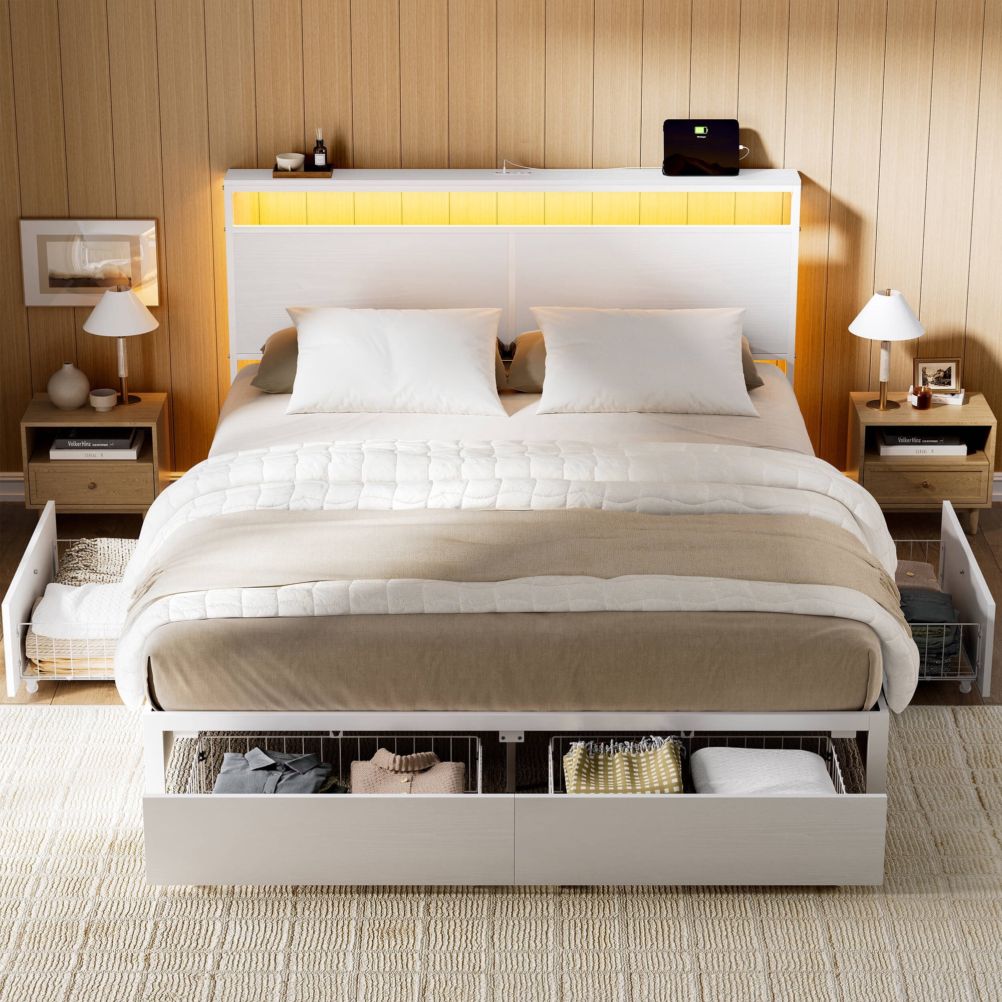 Click here for Gunaito Full Size Bed Frame With Headboard And 4 S... prices
