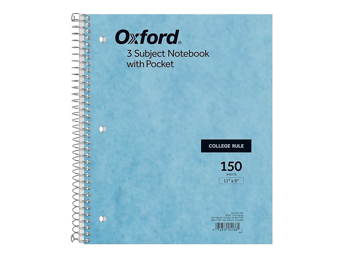 Oxford 3-Subject Notebook 9" x 11" College Ruled 150 Sheets 800870 ...
