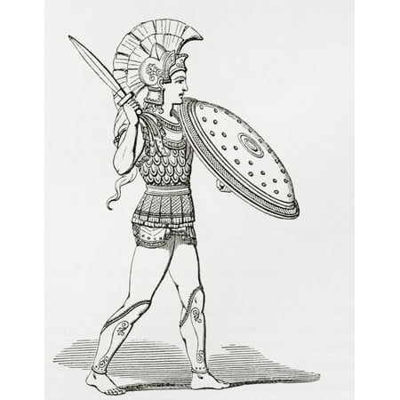 Helmeted Greek warrior wearing greaves and armour holding a Clipeus ...