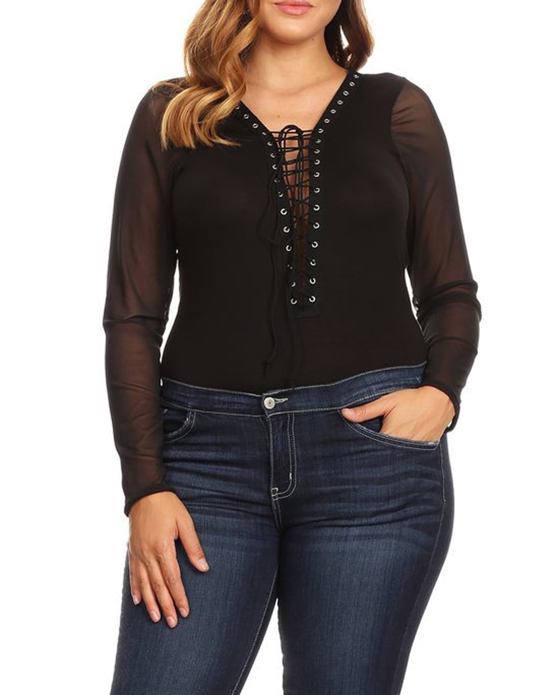 eVogues Plus Size Lace Up Sheer Mesh Sleeve Bodysuit Black - Walmart.com