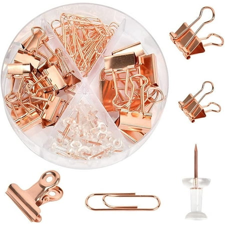 O 102Pcs Rose Gold Paper Clips Binder Clips Push Pins Thumb Tacks Small ...