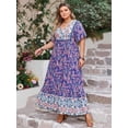 Blue Bohemian Plus Size Floral V-Neck Loose Maxi Dress For Summer Beach ...