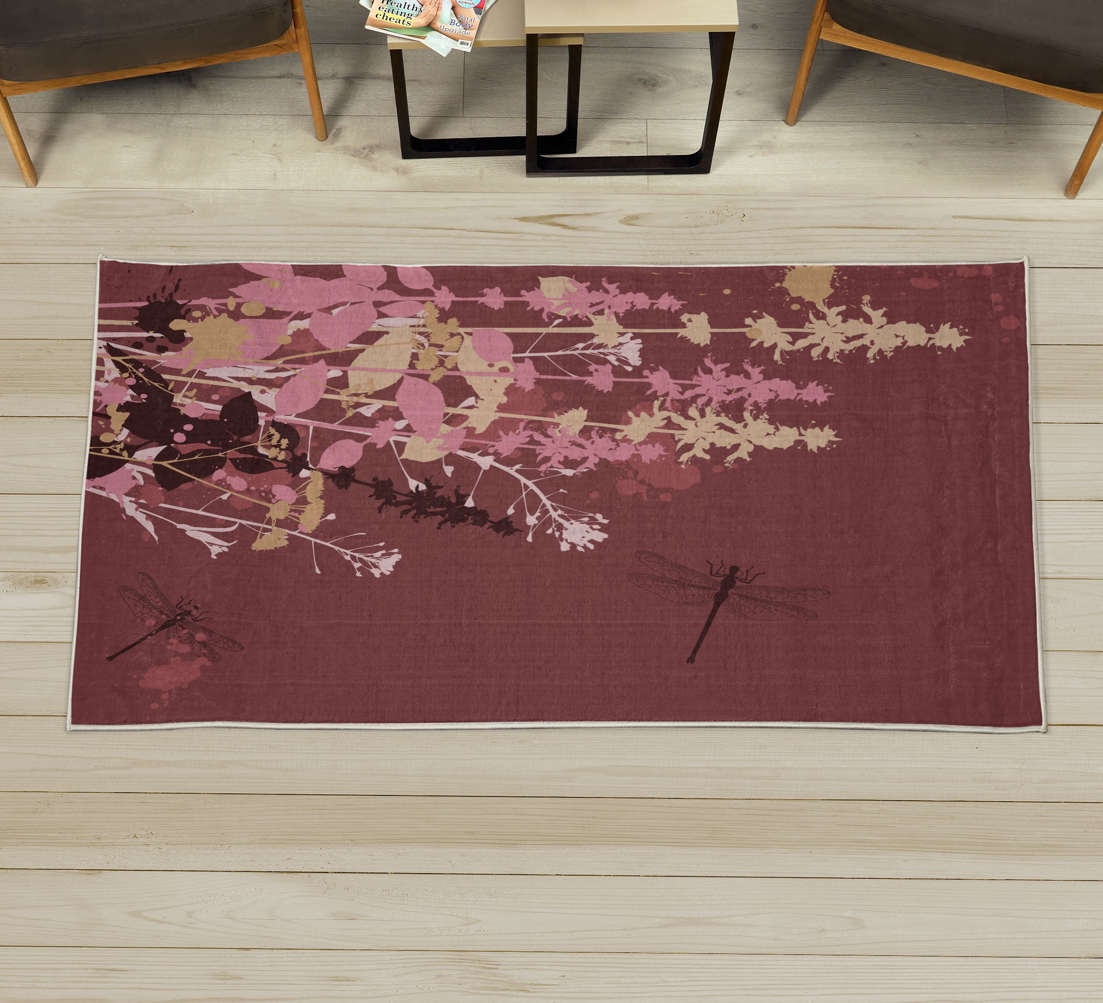 Dragonfly Decorative Rug, Nature Plants Grass with Wildflowers with ...