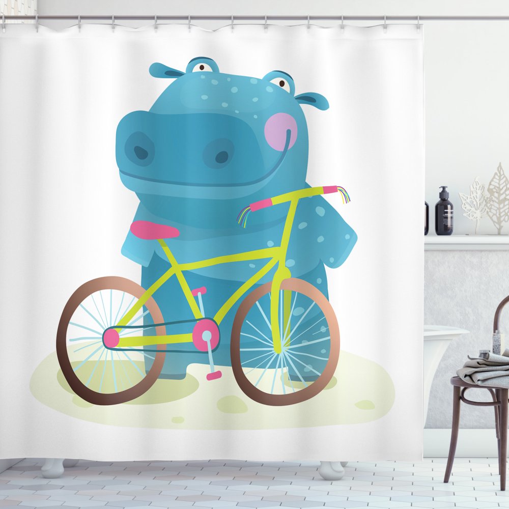Hippo Shower Curtain, Hippo Child with Colorful Bicycle Having Fun ...