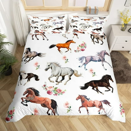 Horses Duvet Cover Set King,Floral Plant Bedding Set 3pcs for Kids ...