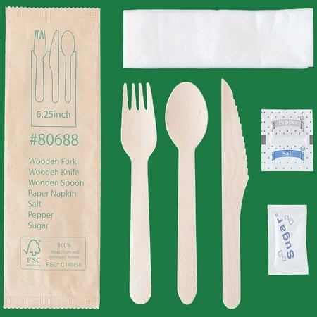 6.25'' Wooden Cutlery Kit Wrapped with Kraft Paper ( Fork. Knife. Spoon ...