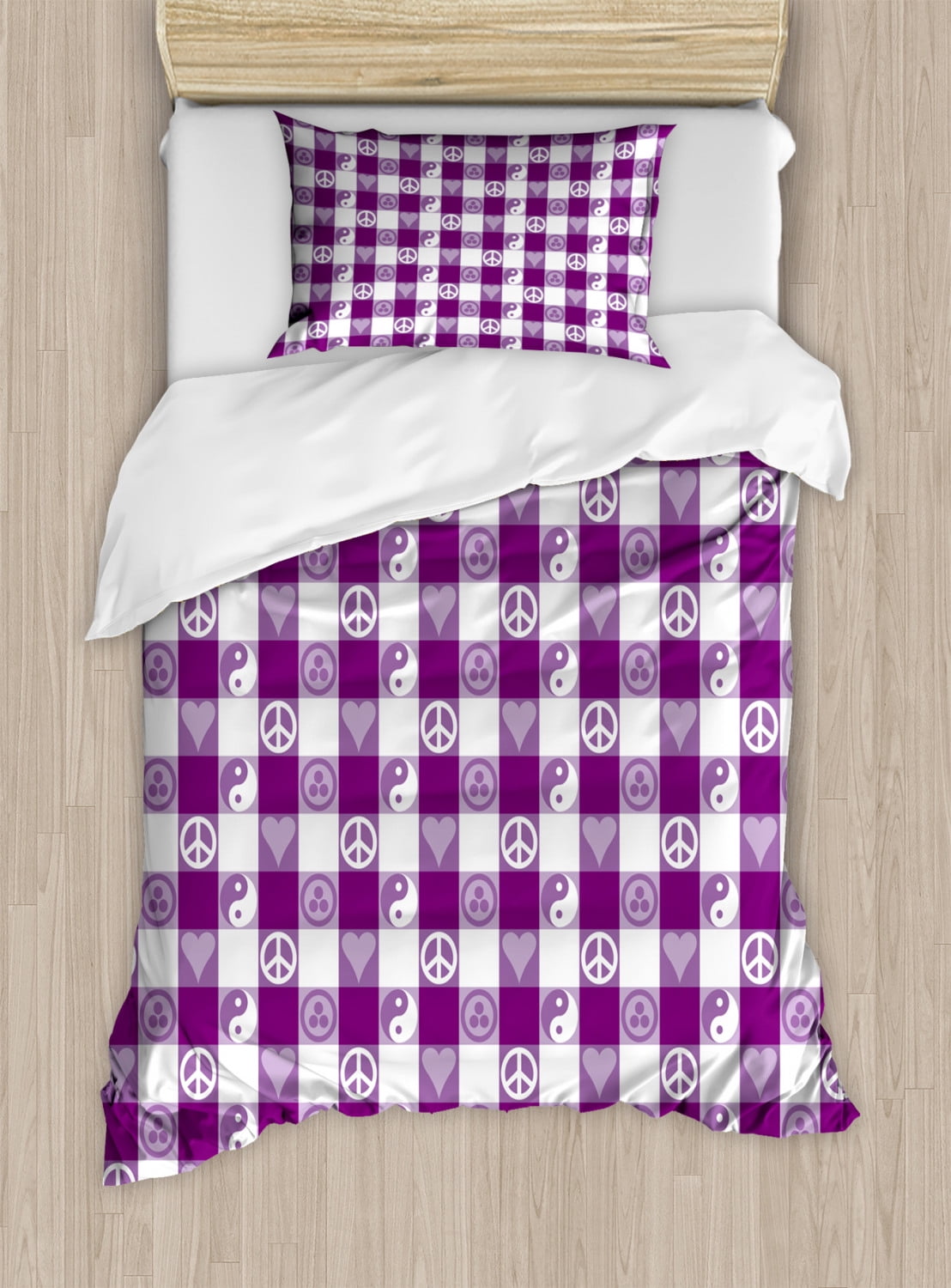 Plaid Duvet Cover Set Twin Size, Plaid Pattern with Hearts Ying Yang ...