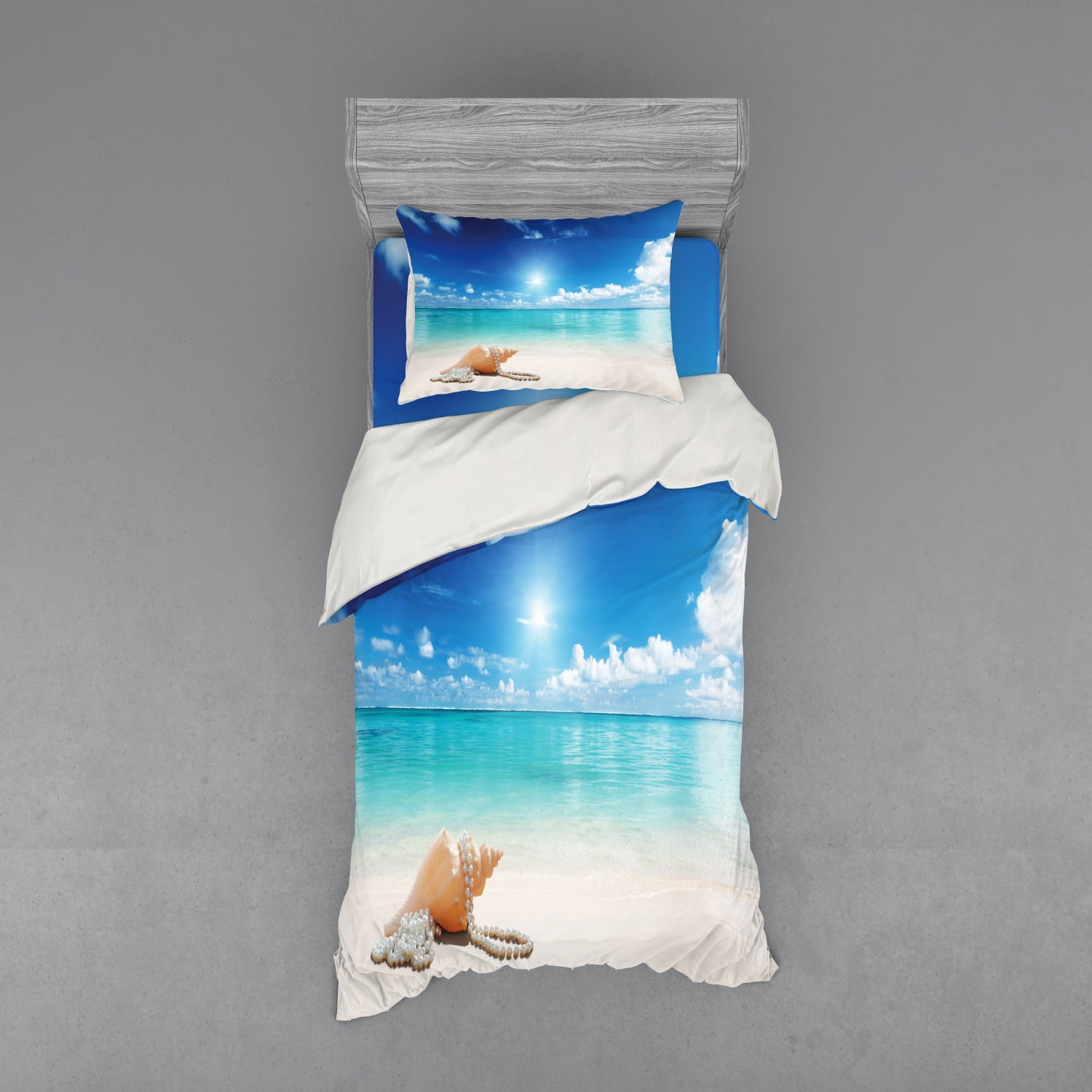 Seashells Duvet Cover Set, Seashells and Pearls on Sandy Beach Tropical ...