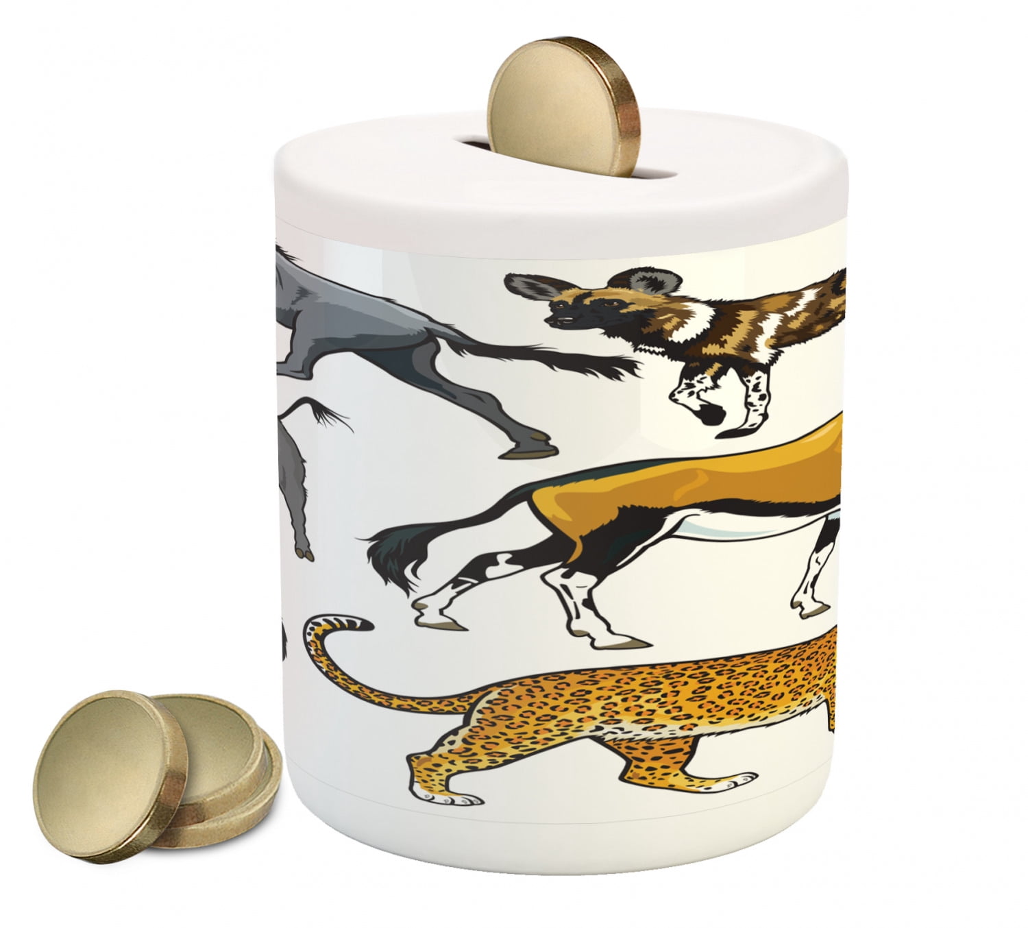Zoo Piggy Bank, Arrangement of Cartoon Style Wild Animals of Africa ...