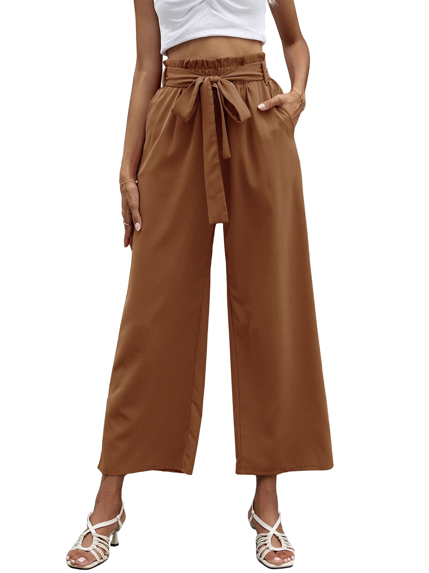 Aunavey Women's Cropped Paper Bag Waist Pants Wide Legs Trousers with ...