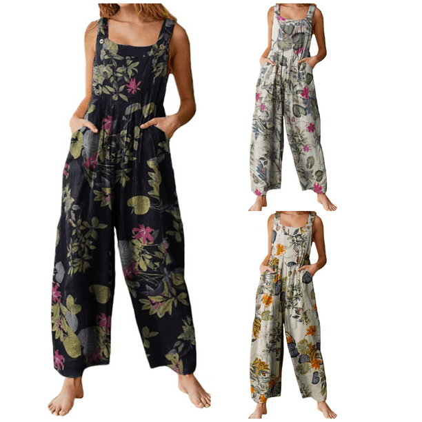 Vonda Vonda Womens Cotton Linen Bohemian Floral Print Jumpsuits Wide